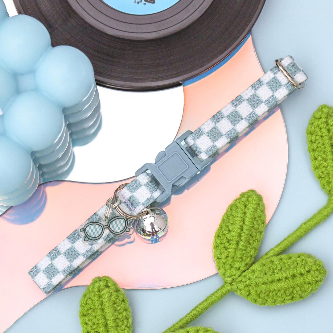 Gray Blue Checkered Breakaway Cat Collar, Y2k Cat Breakaway Collar ...
