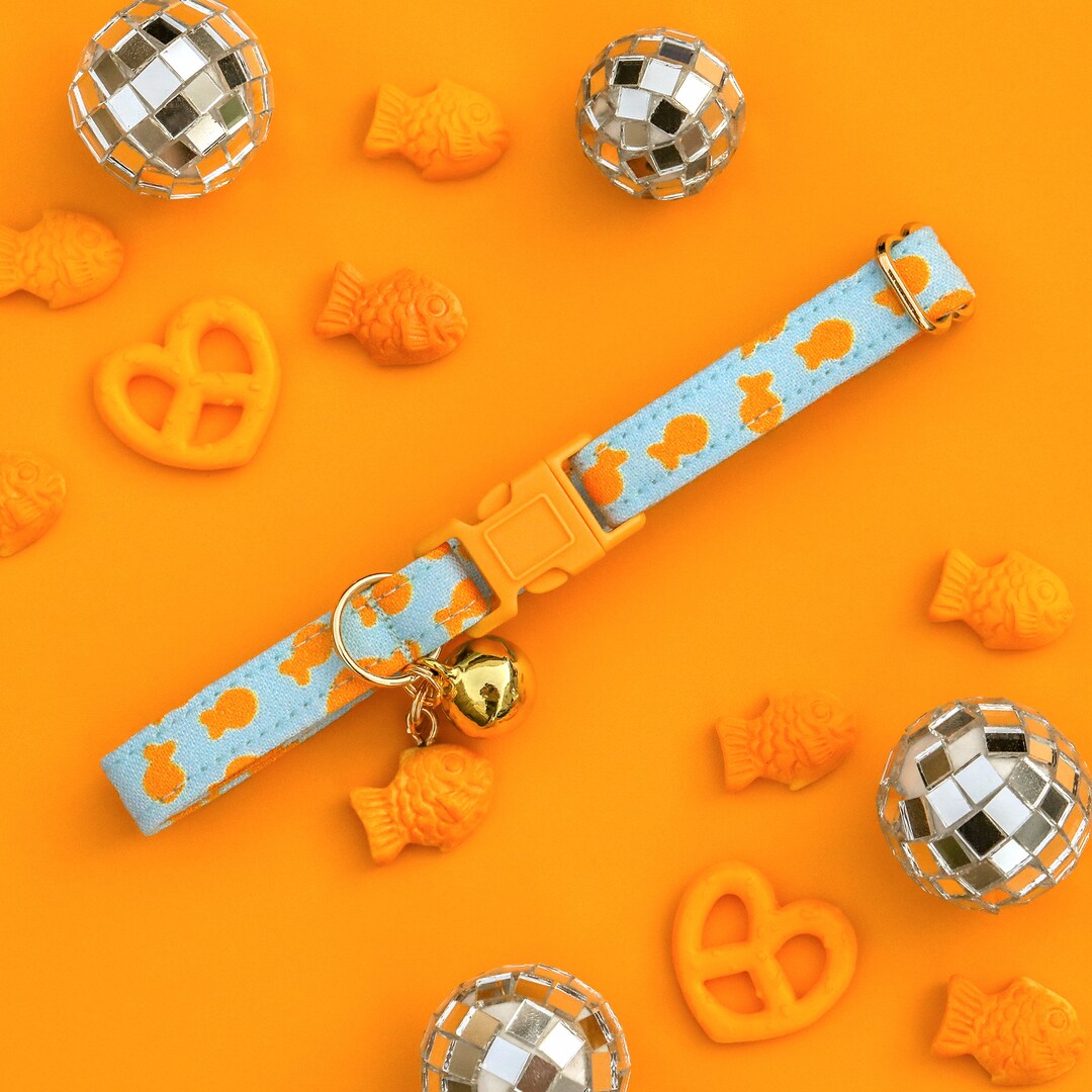 Gold Fish Cat Collar With Bell and Charm, Blue Breakaway Cat Collar ...