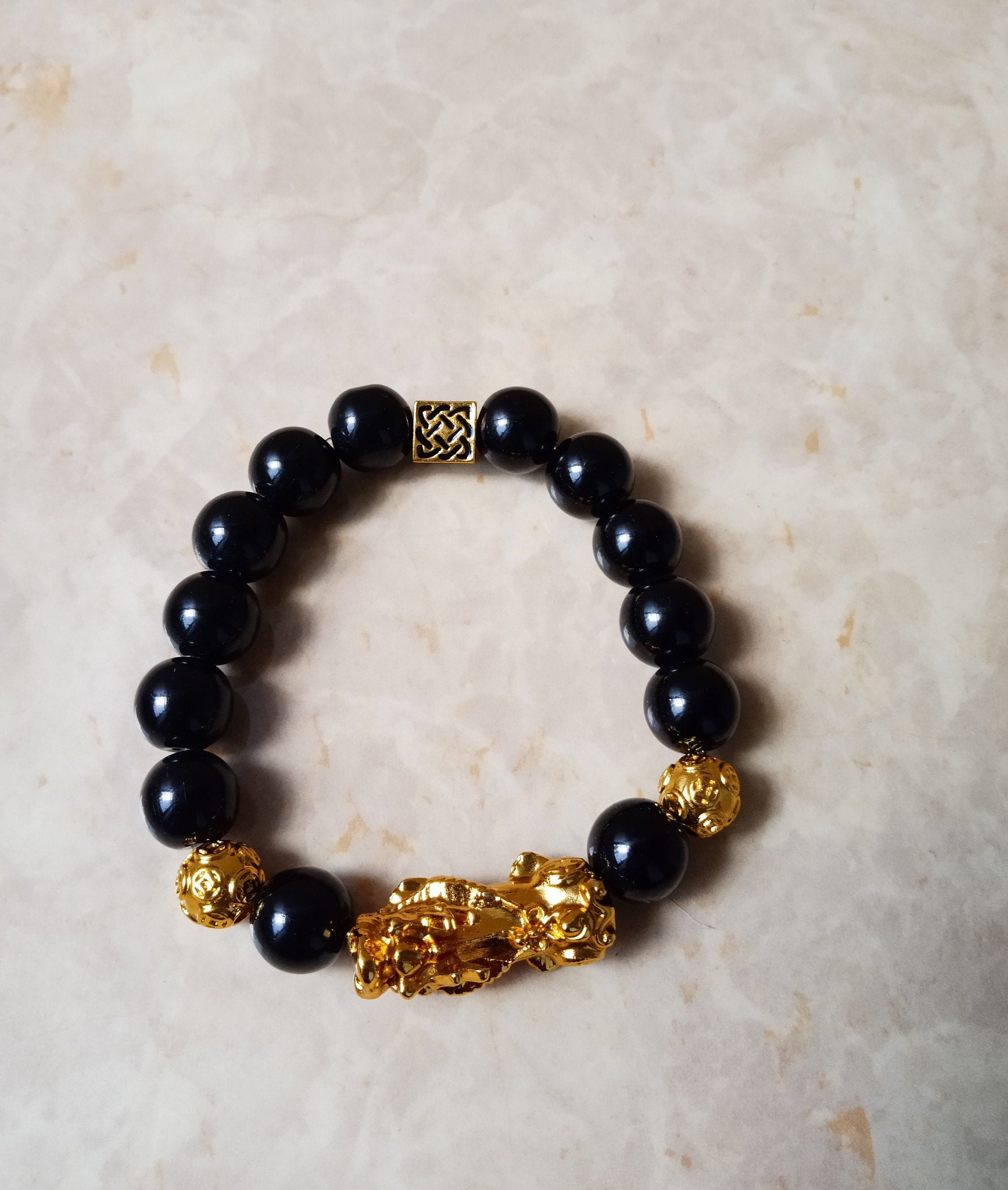Pi Xiu Pi Yao Feng Shui Good Luck Bracelet, Pixiu & Obsidian 12mm Bead ...