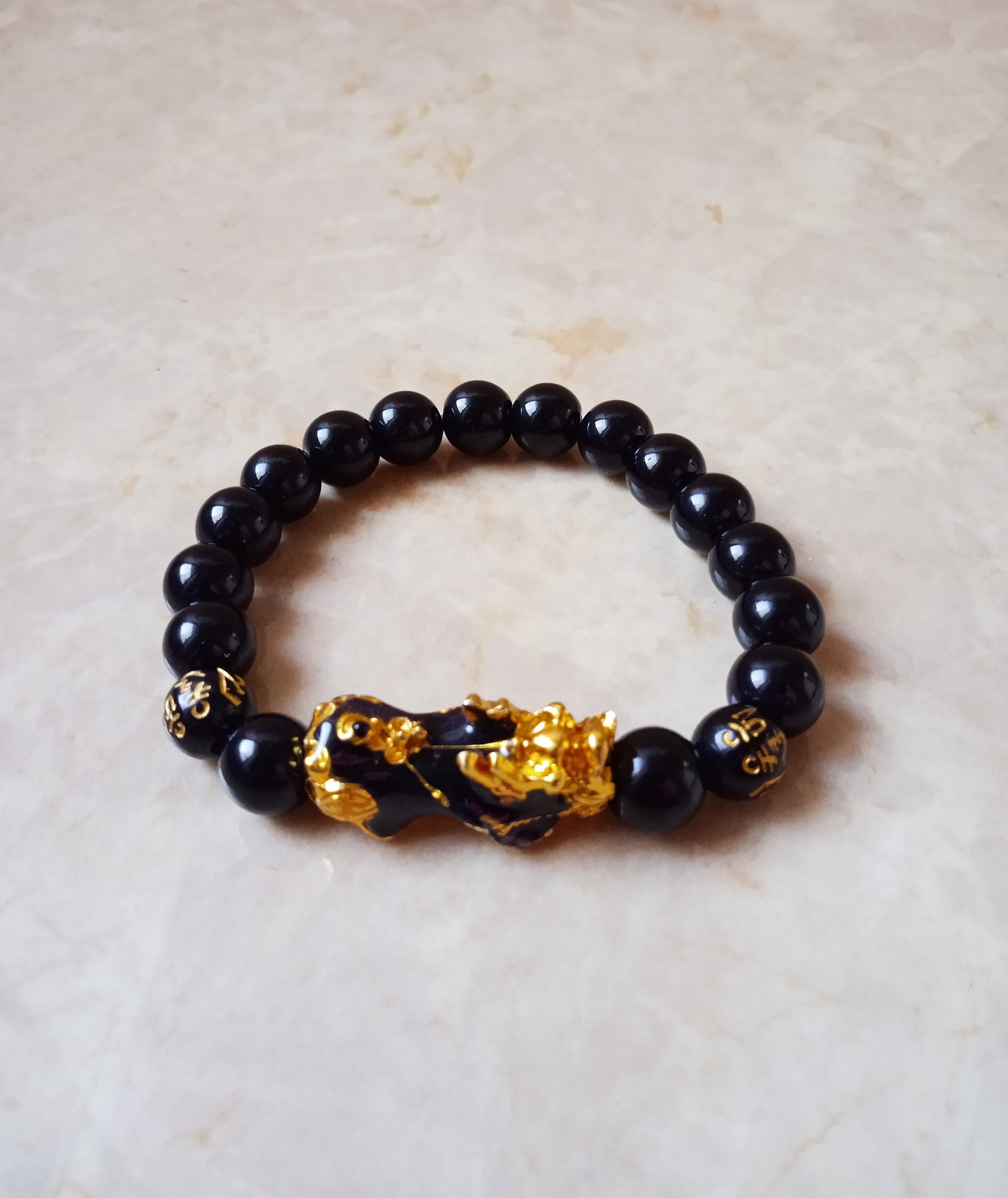 Pi Xiu Pi Yao Feng Shui Good Luck Bracelet, Pixiu & Obsidian 10mm Bead ...