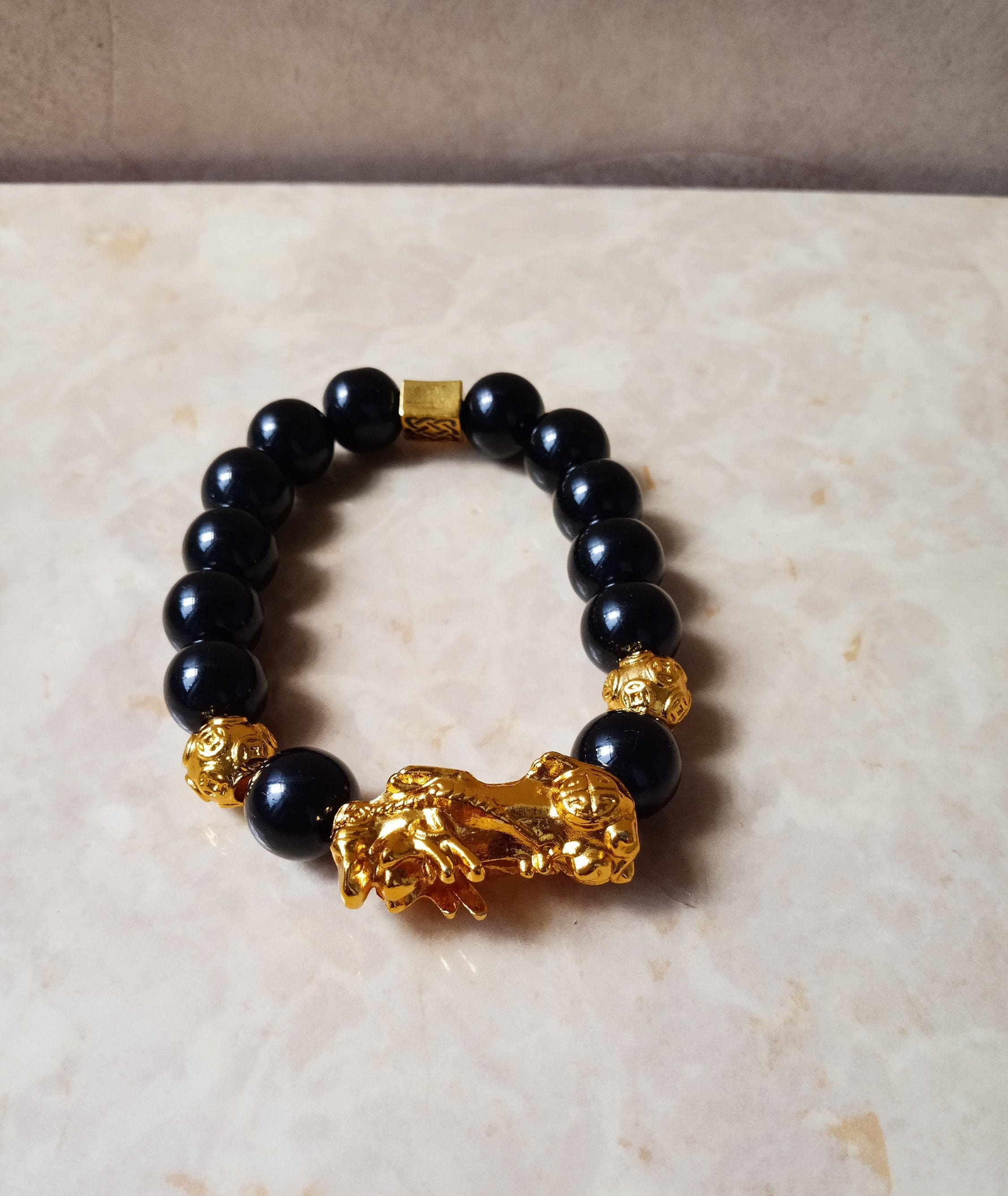 Pi Xiu Pi Yao Feng Shui Good Luck Bracelet, Pixiu & Obsidian 12mm Bead ...