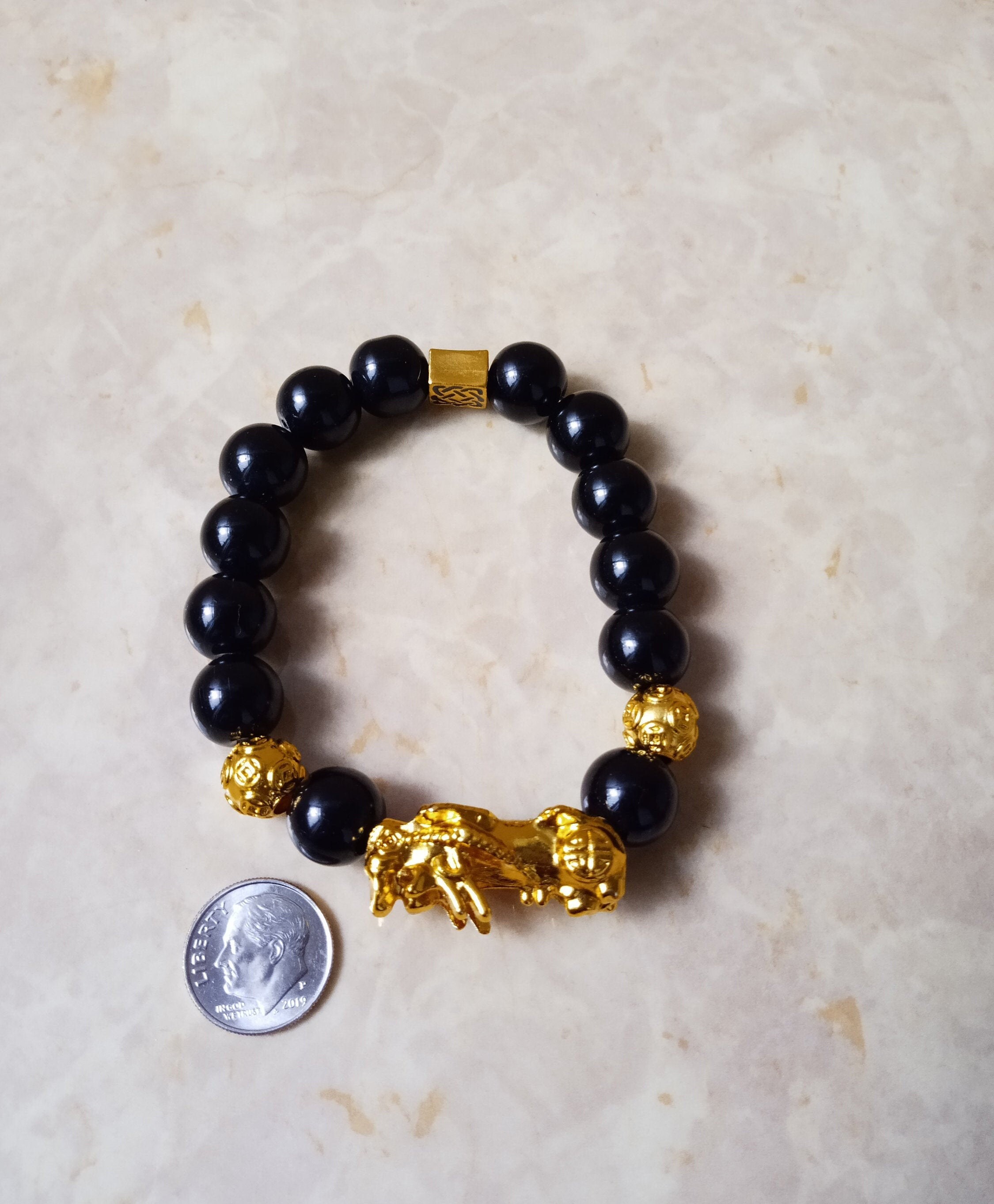 Pi Xiu Pi Yao Feng Shui Good Luck Bracelet, Pixiu & Obsidian 12mm Bead ...