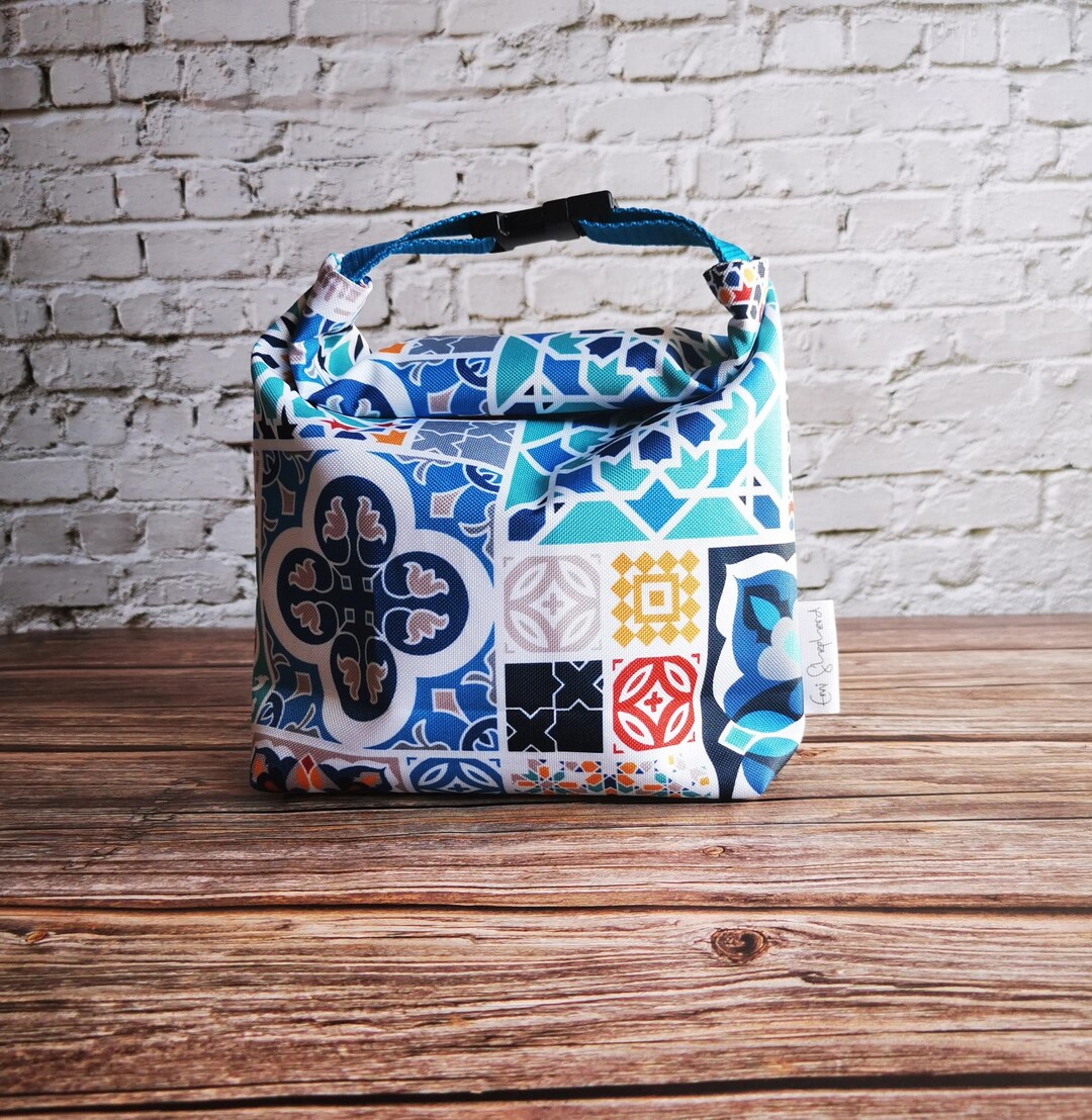 Small Insulated Lunch Bag - Waterproof Blue Pattern Fabric, Handmade ...