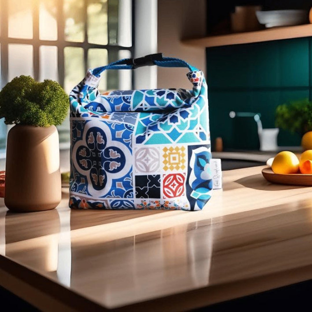 Small Lunch Bag With Waterproof Blue Pattern Fabric, Handmade Lunch ...