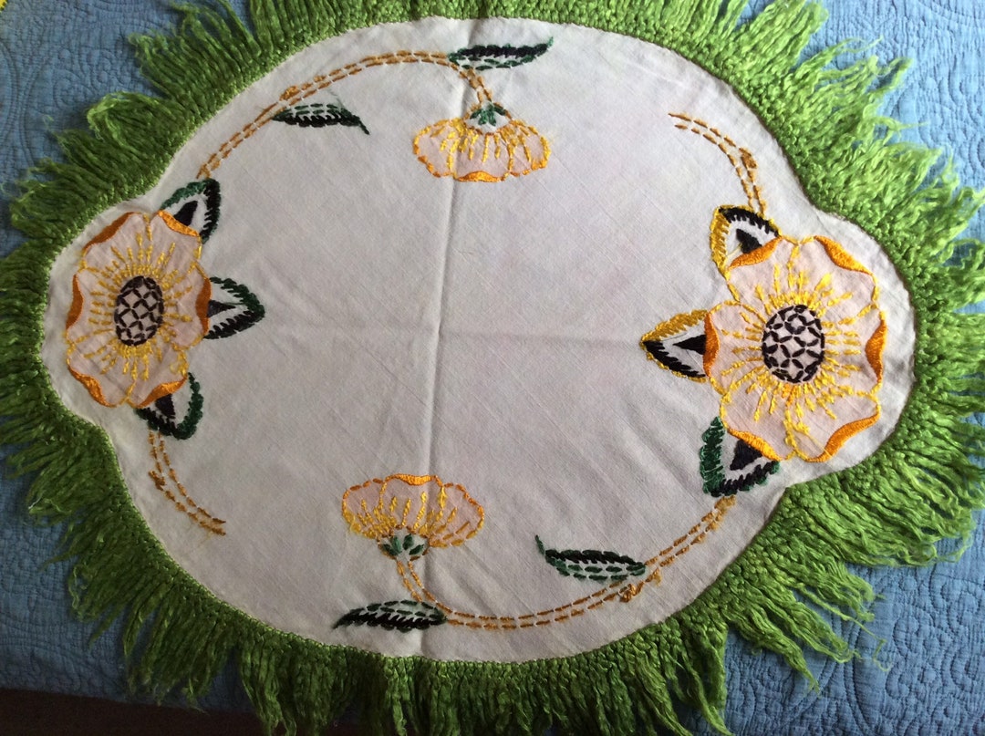 Fringed Embroidered Table Topper - Etsy