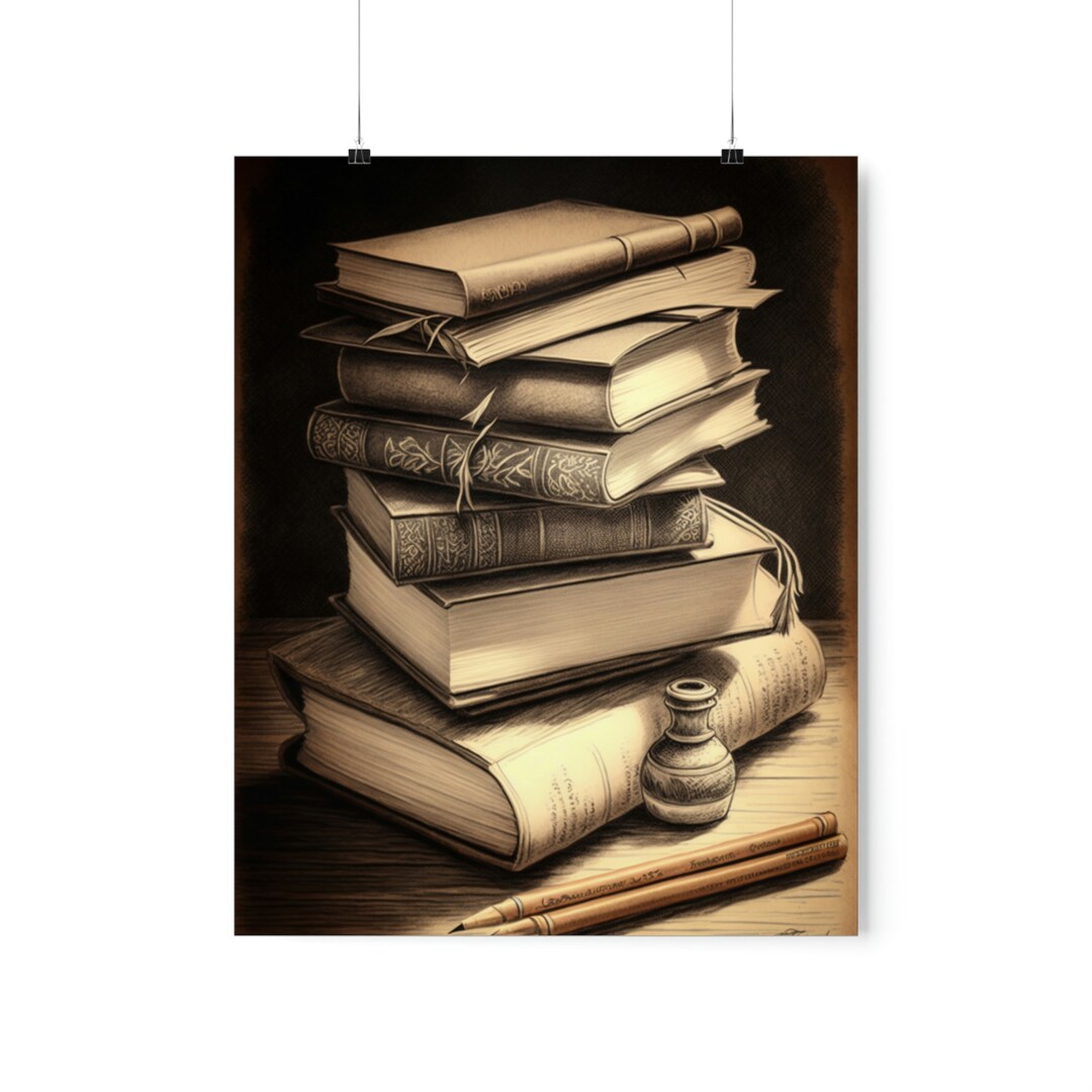 The Allure of Rare Books: A Stunning Pencil Drawing of a Tall - Etsy