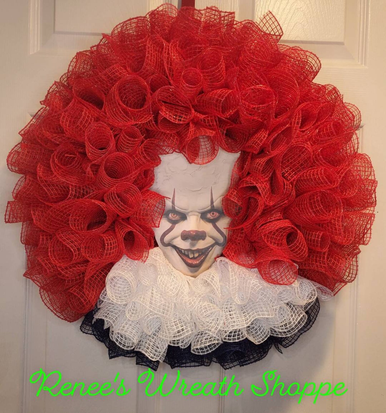 Scary Pennywise It Clown Halloween Door Wreath Red White Blue Creepy ...