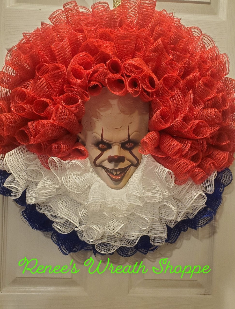 Scary Pennywise It Clown Halloween Door Wreath Red White Blue Creepy ...