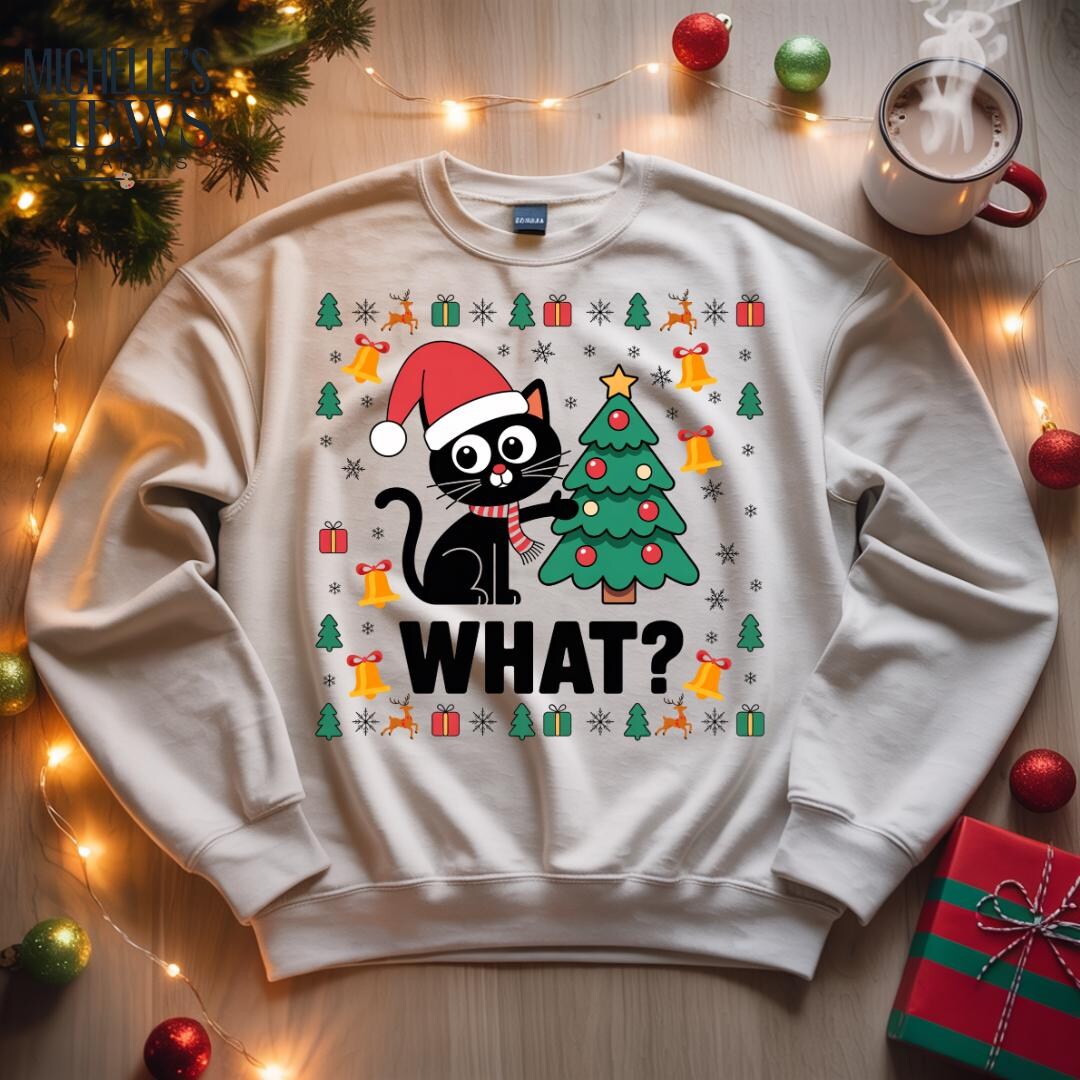 Pull de Noël moche chat noir « Quoi ? PNG V4 300 ppp - Etsy France