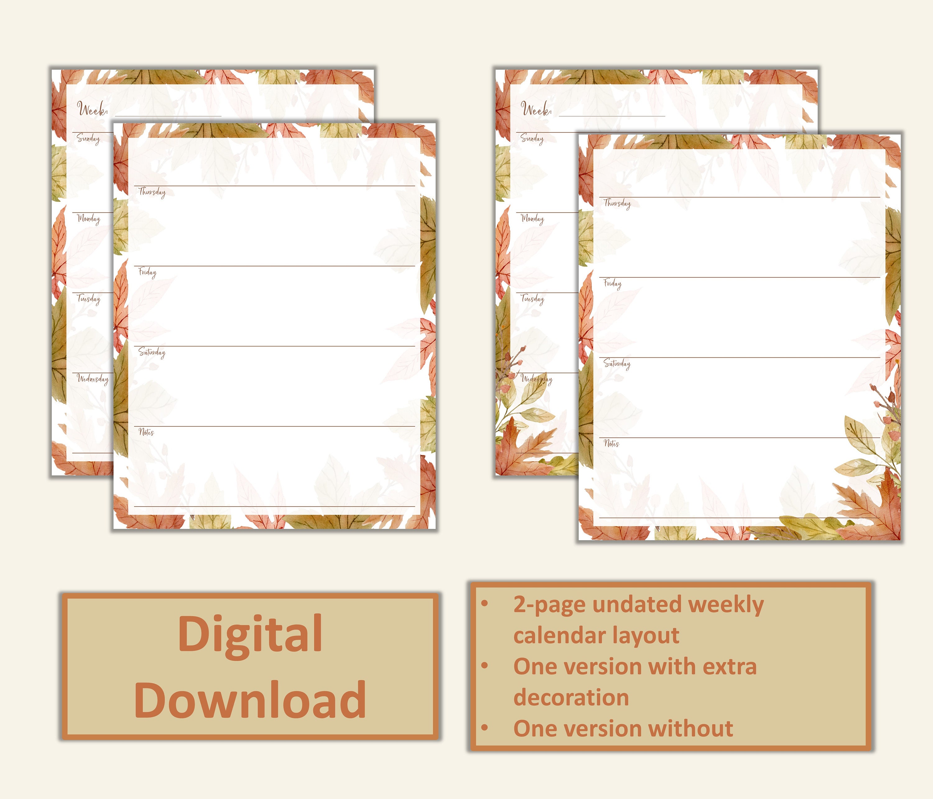 Undated Planner, Autumn Theme, Printable Organizer, 2-page Monthly ...