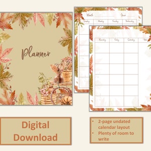 Undated Planner, Autumn Theme, Printable Organizer, 2-page Monthly ...