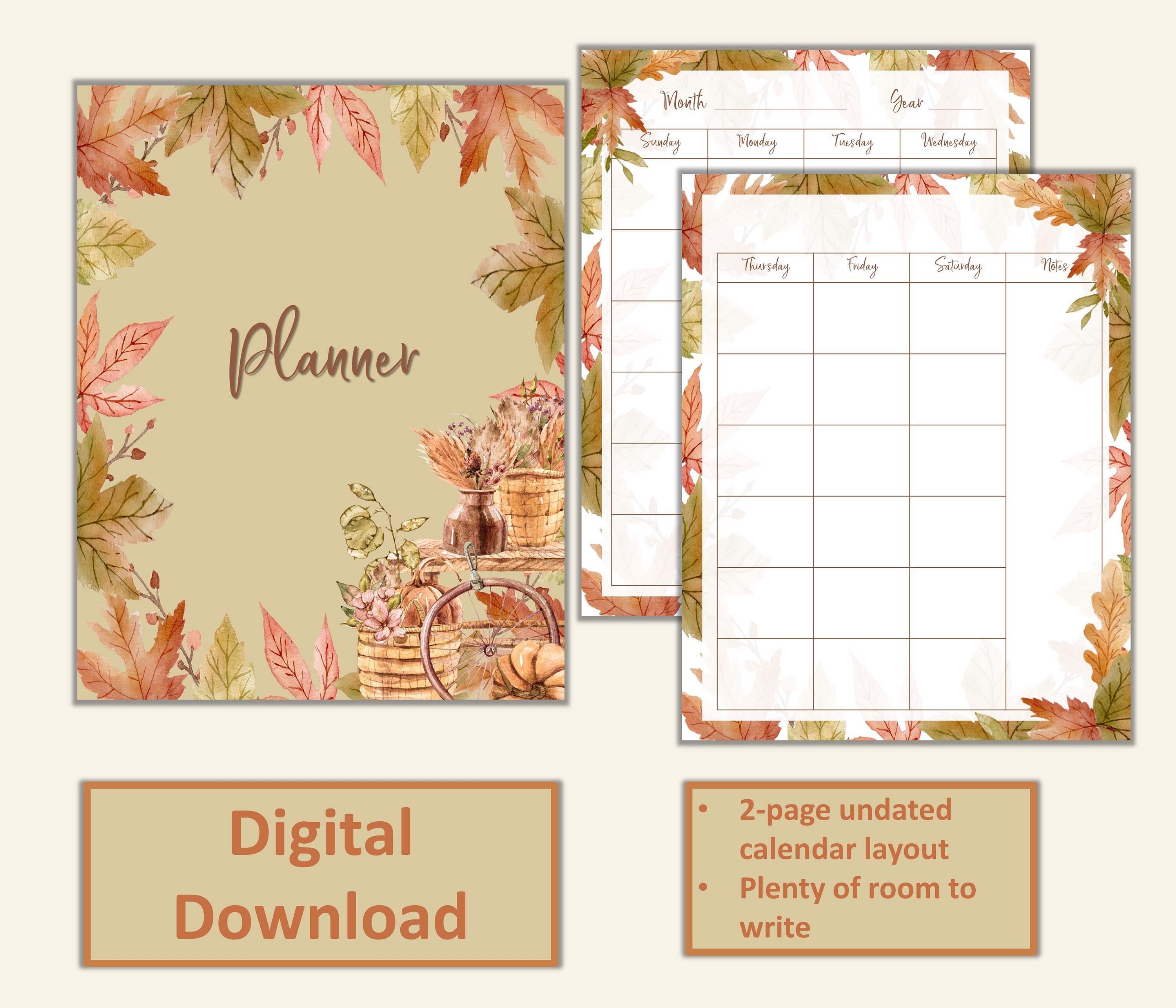 Undated Planner, Autumn Theme, Printable Organizer, 2-page Monthly ...