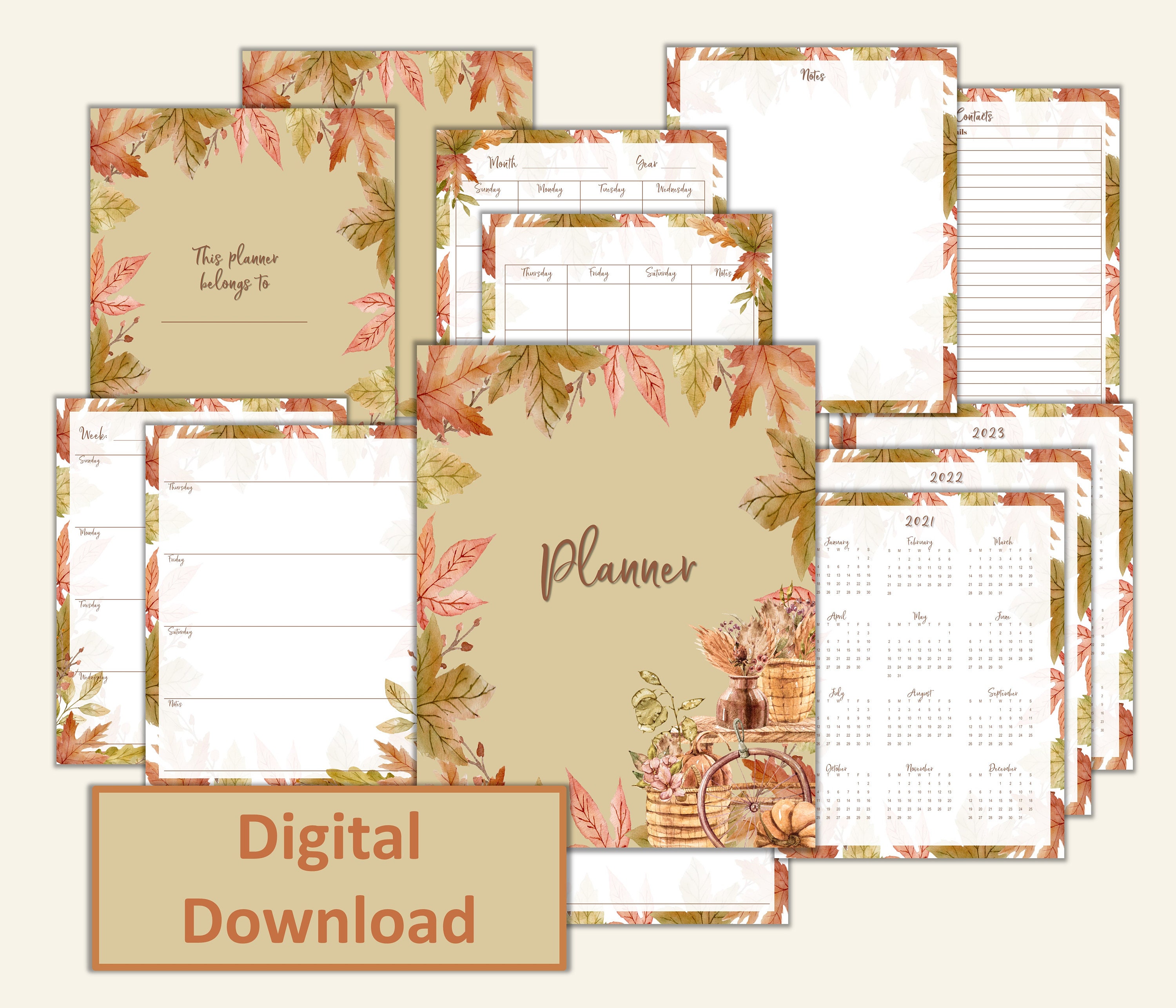 Undated Planner, Autumn Theme, Printable Organizer, 2-page Monthly ...