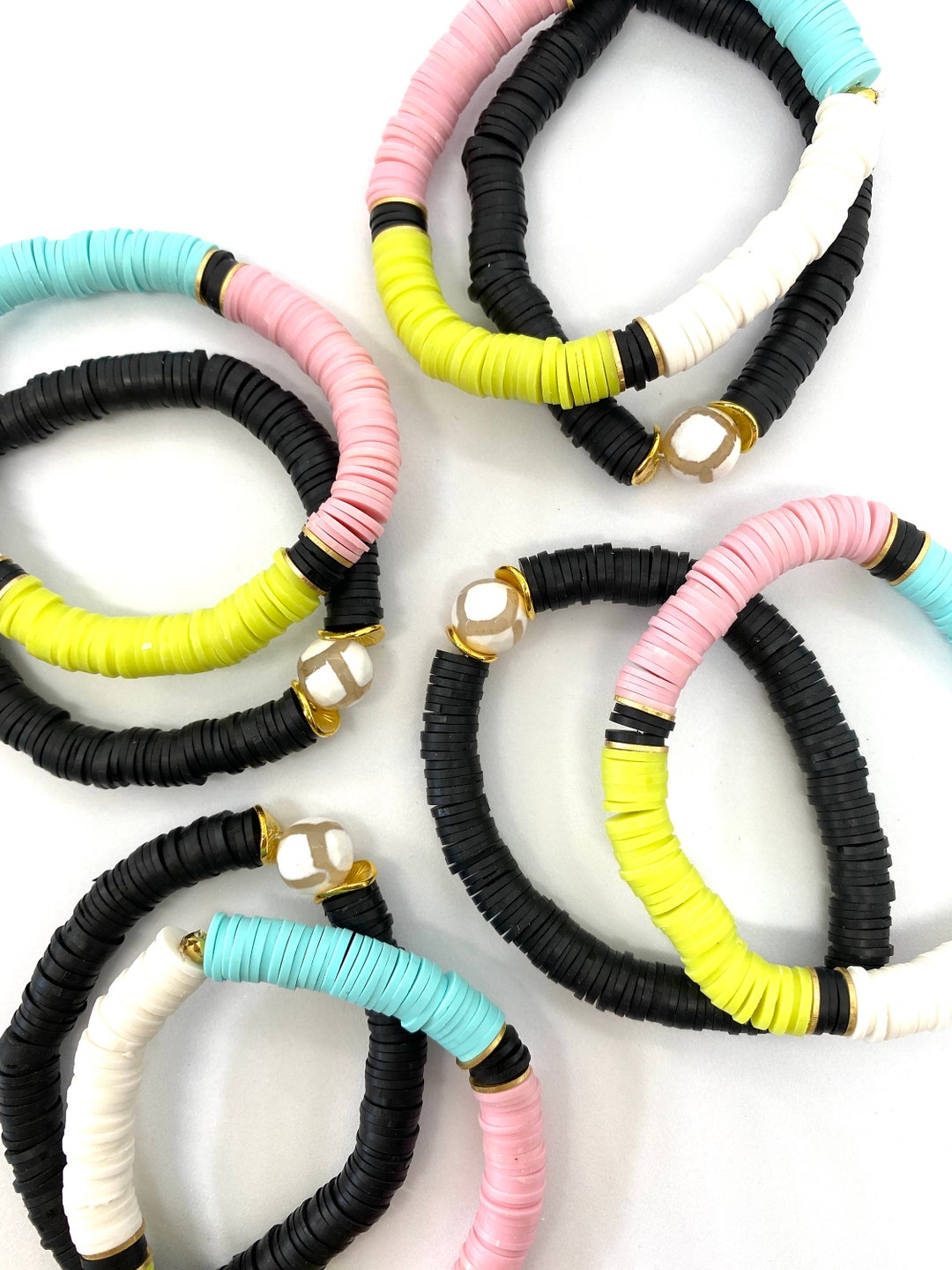 Set of 2 Bracelets, Black and Color Block Bracelets, Stackable Stretch ...