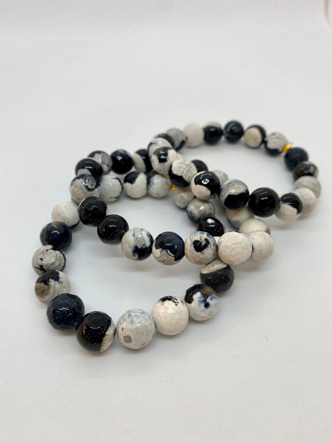 Hand-beaded Black and White Stone Bracelet, Stackable Stretch Bracelet ...