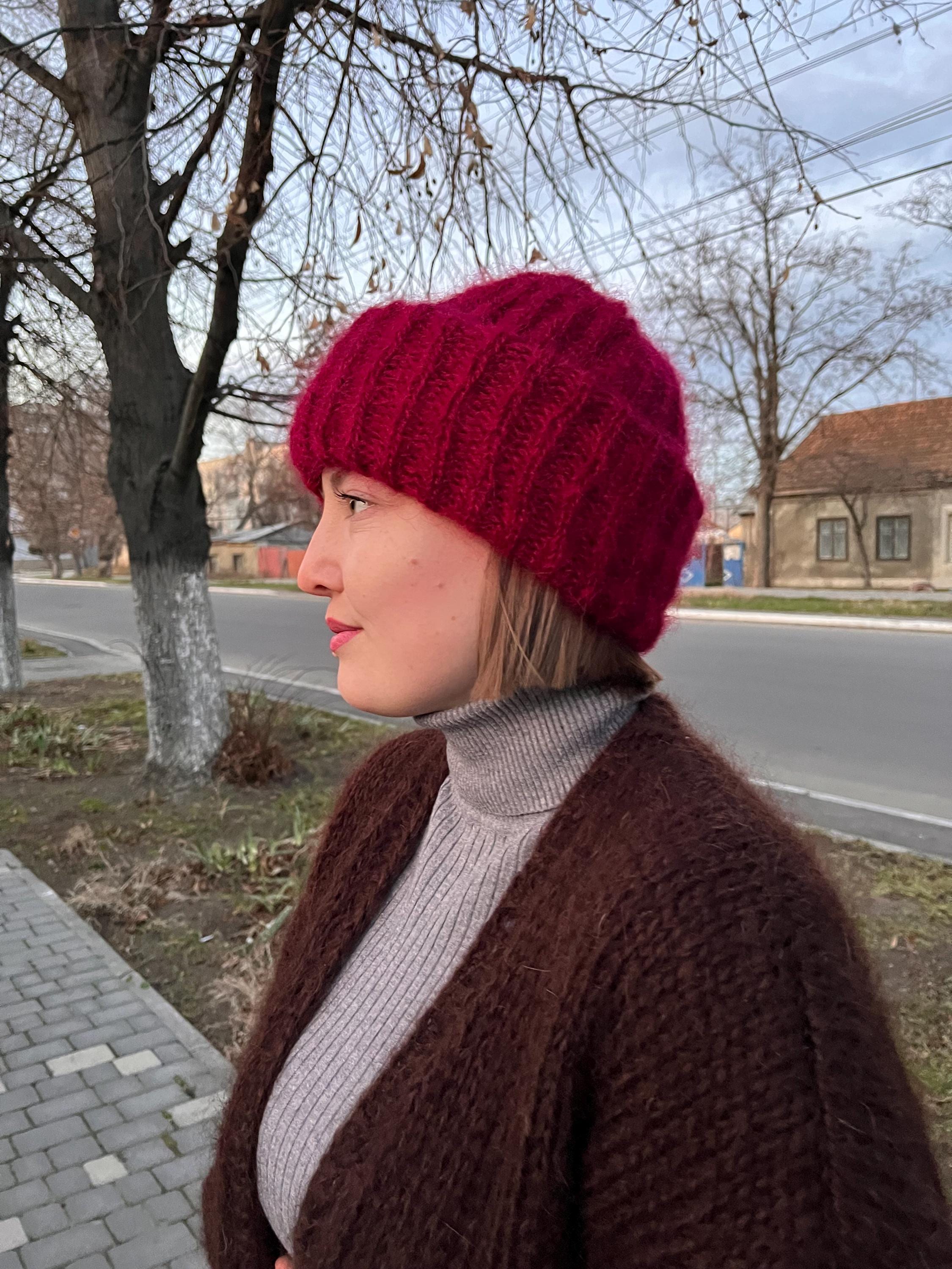 Burgundy Mohair Knit Beanie: Chunky Cable Knit Slouchy Hat - Etsy