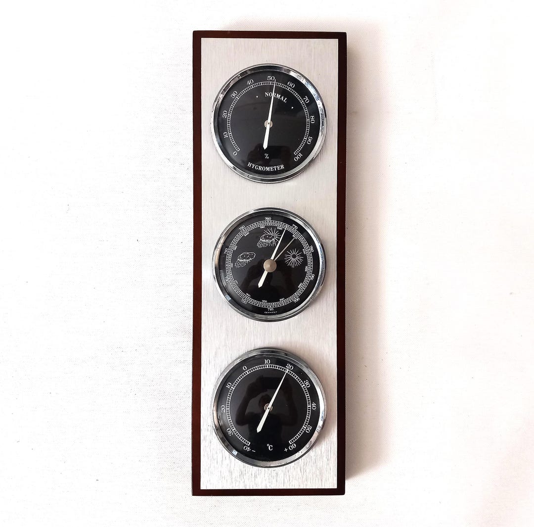 Vintage Wooden Aluminum Wall Barometer Black Dial Barometer Thermometer ...