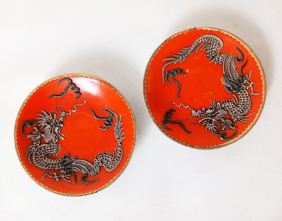Antique Chinese Dish With DRAGON Fine Porcelain Dishes Handmade Orange ...