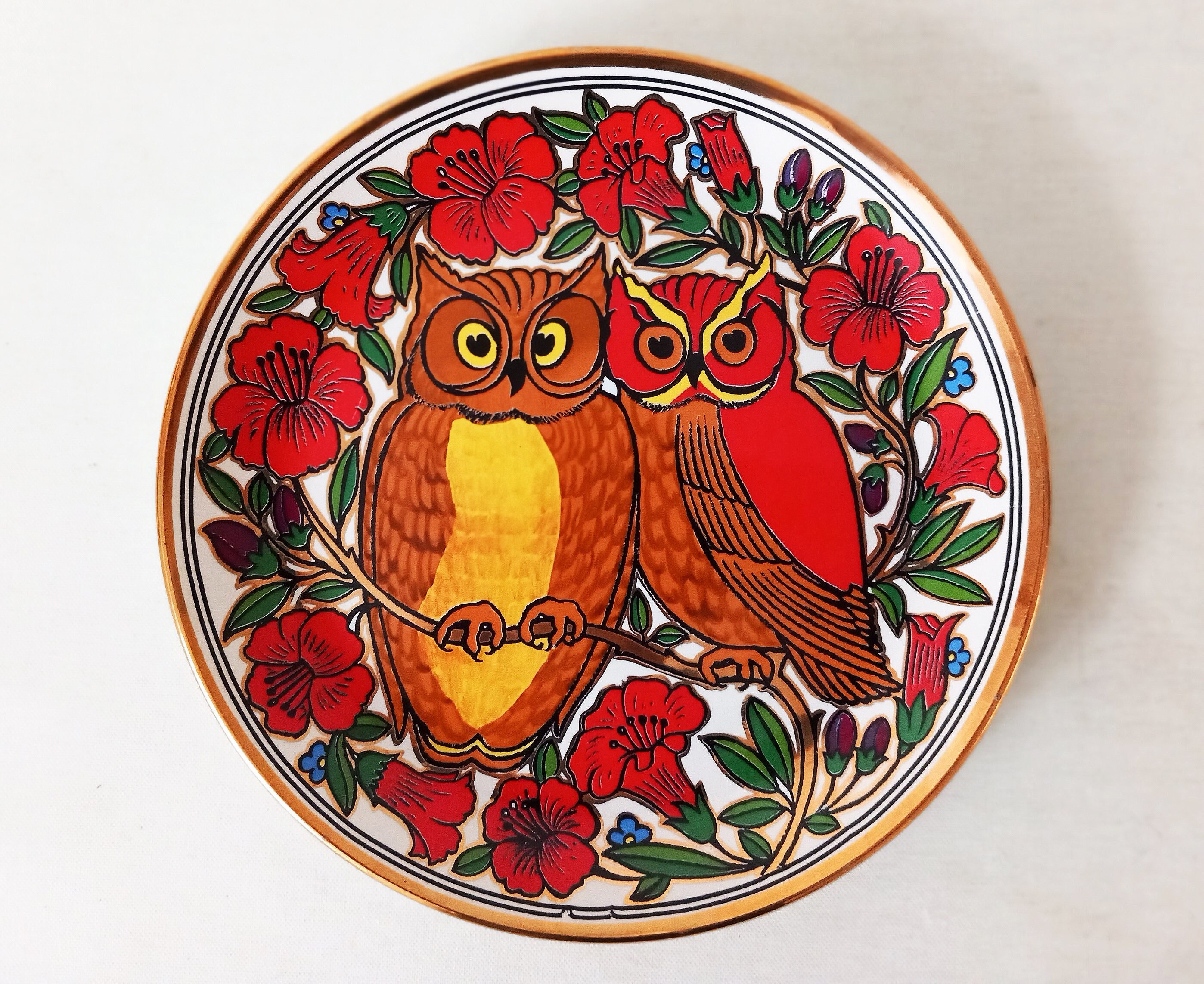 Vintage 24k GOLD Wall Plate Two Owls Floral Ornament Plate Red Flower ...