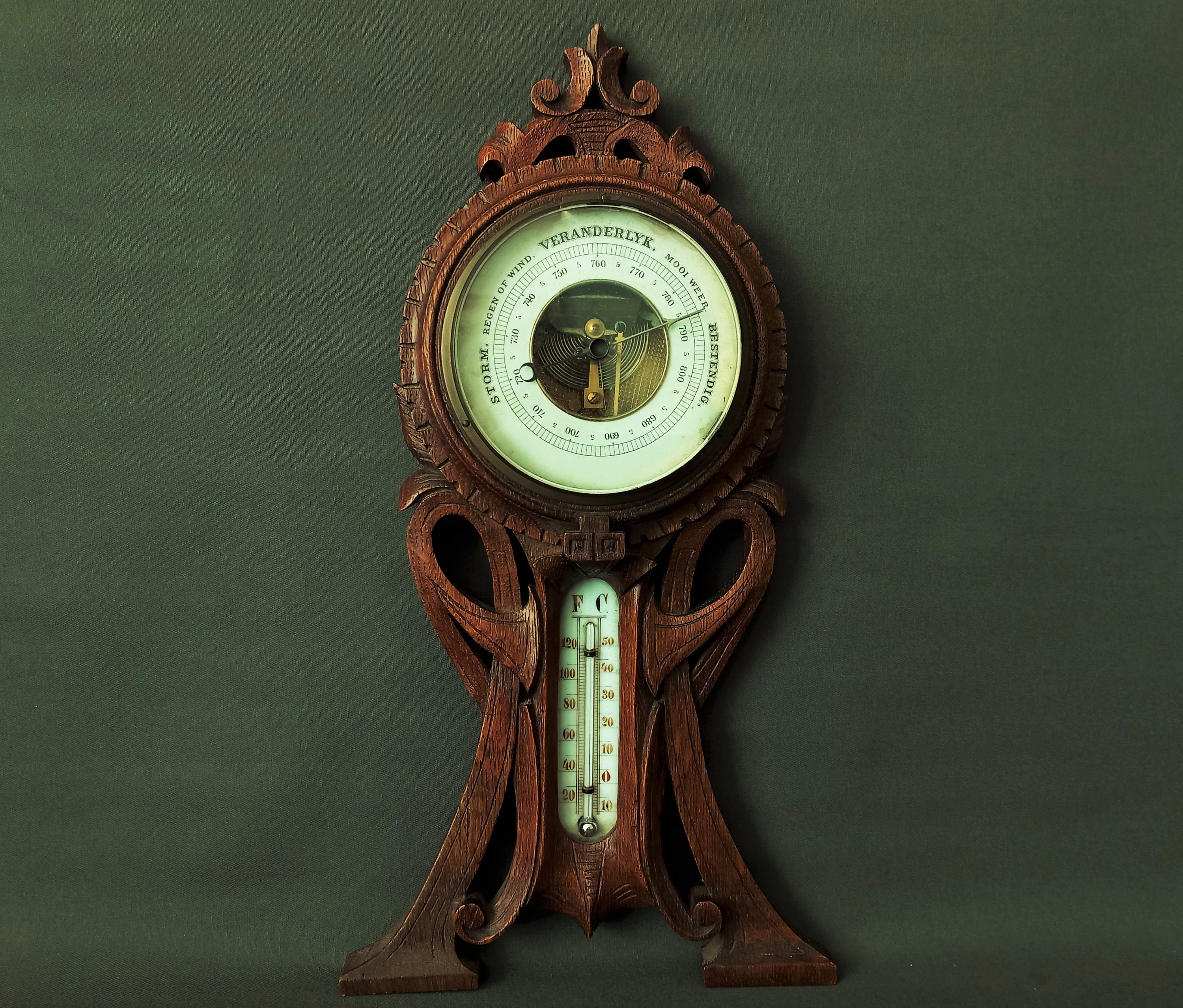 Antique Barometer Weather Station With Mercury Thermometer Wall ...
