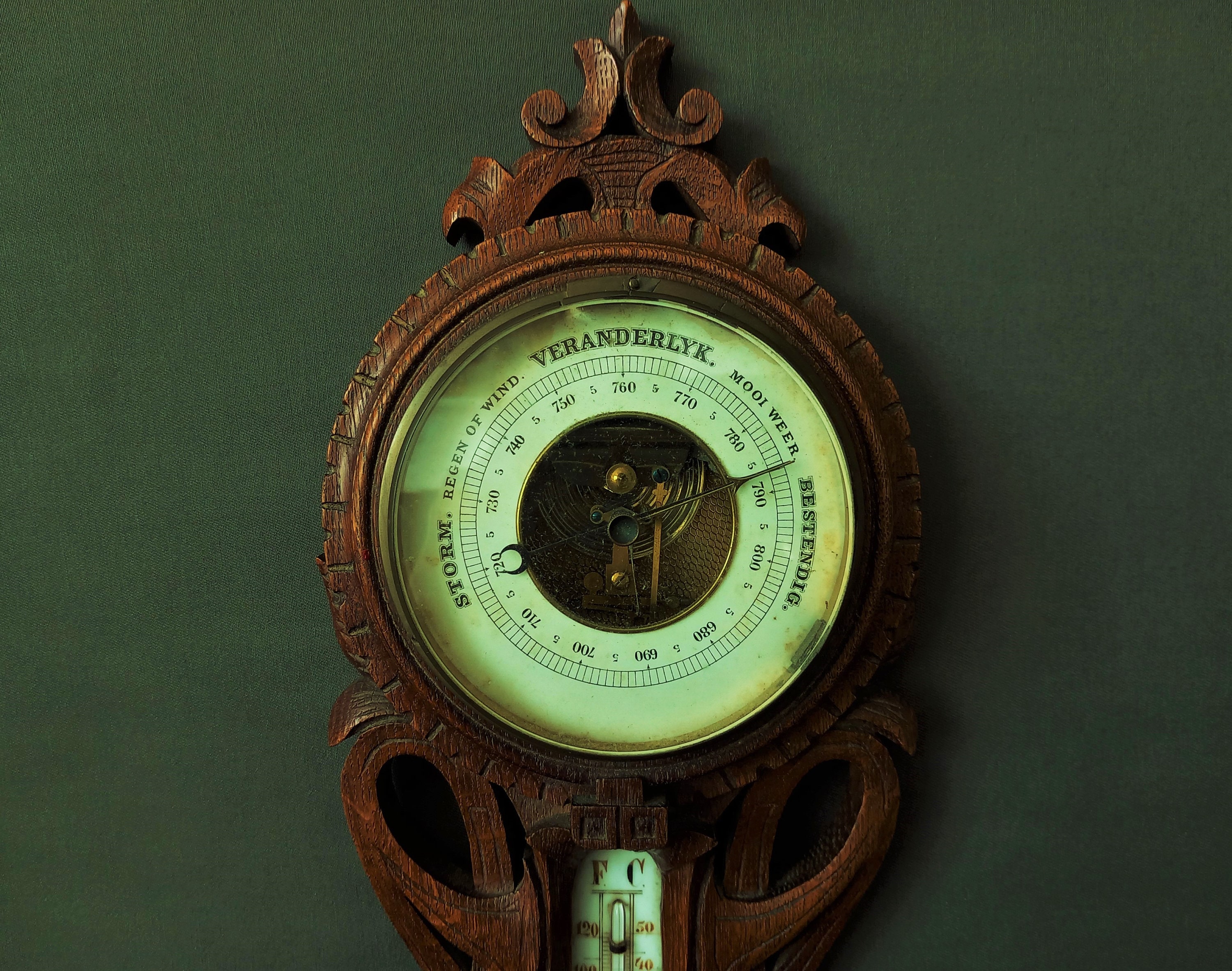 Antique Barometer Weather Station With Mercury Thermometer Wall ...