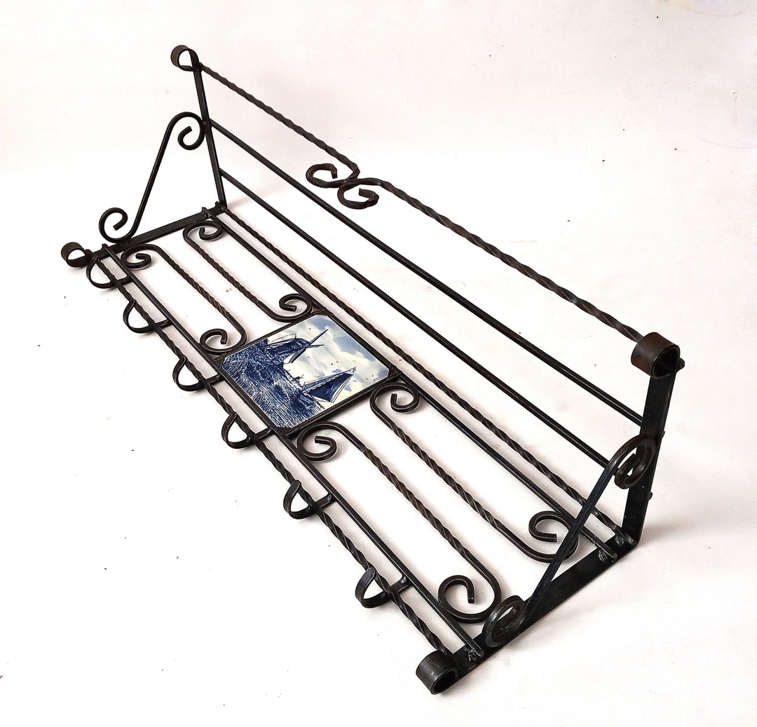 Vintage Coat Rack Wrought Iron Wall Coat Rack With Delft Style Tile ...