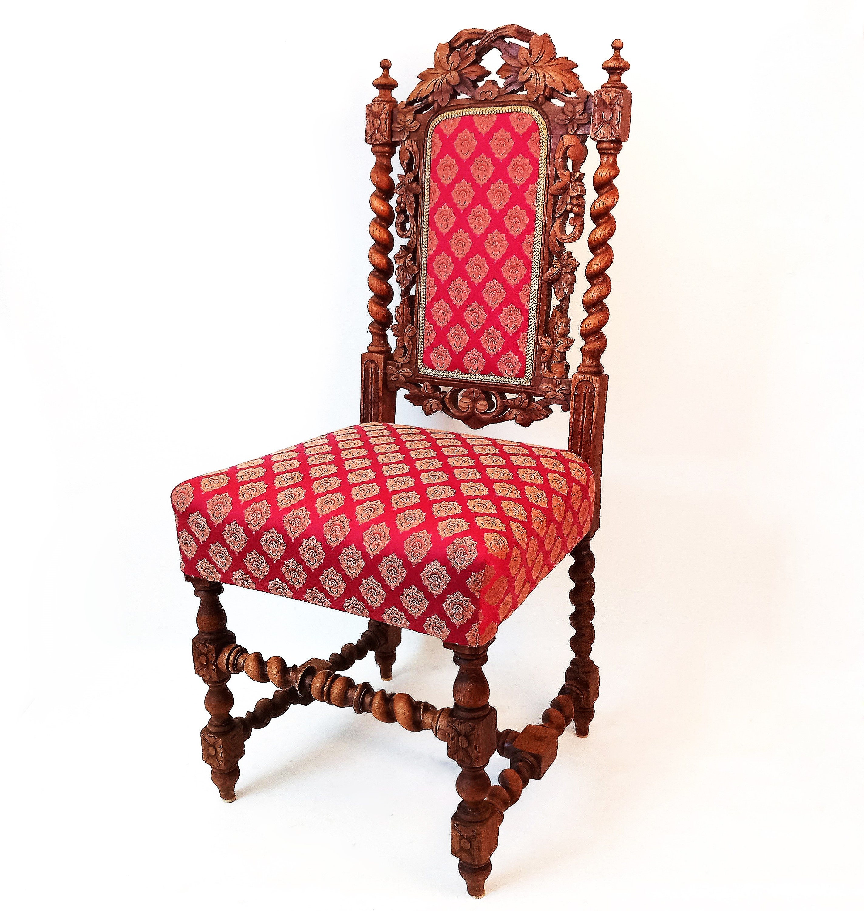 Antique Renaissance Style Chair Hand-carved High Back Solid Oak Damask ...