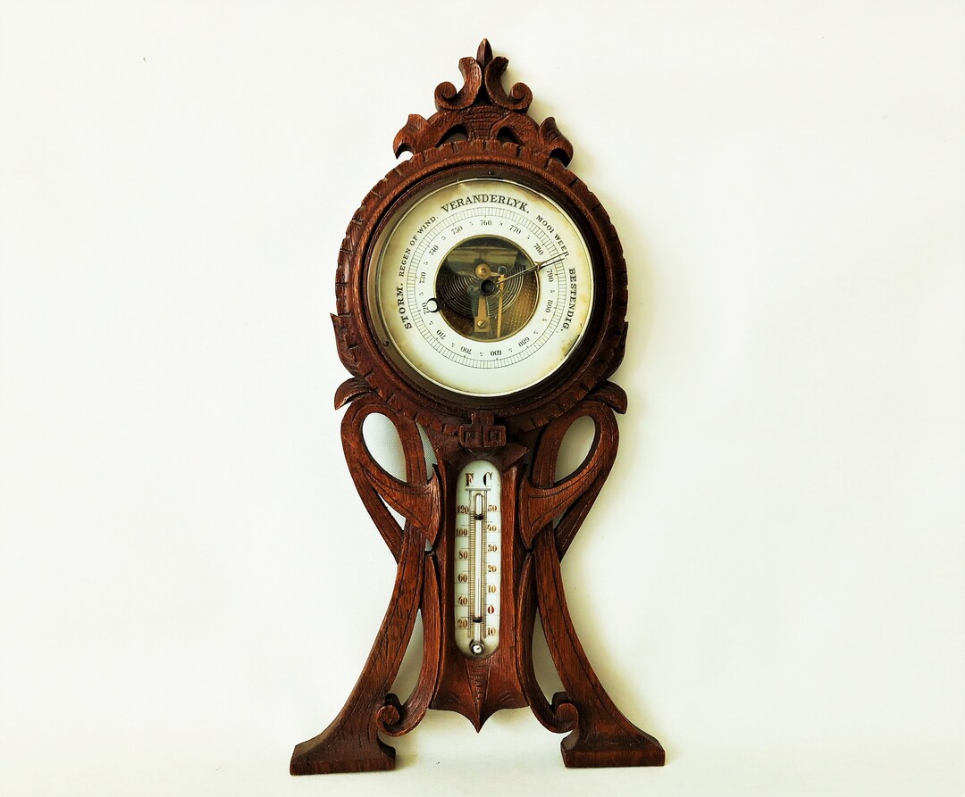 Antique Barometer Weather Station With Mercury Thermometer Wall ...