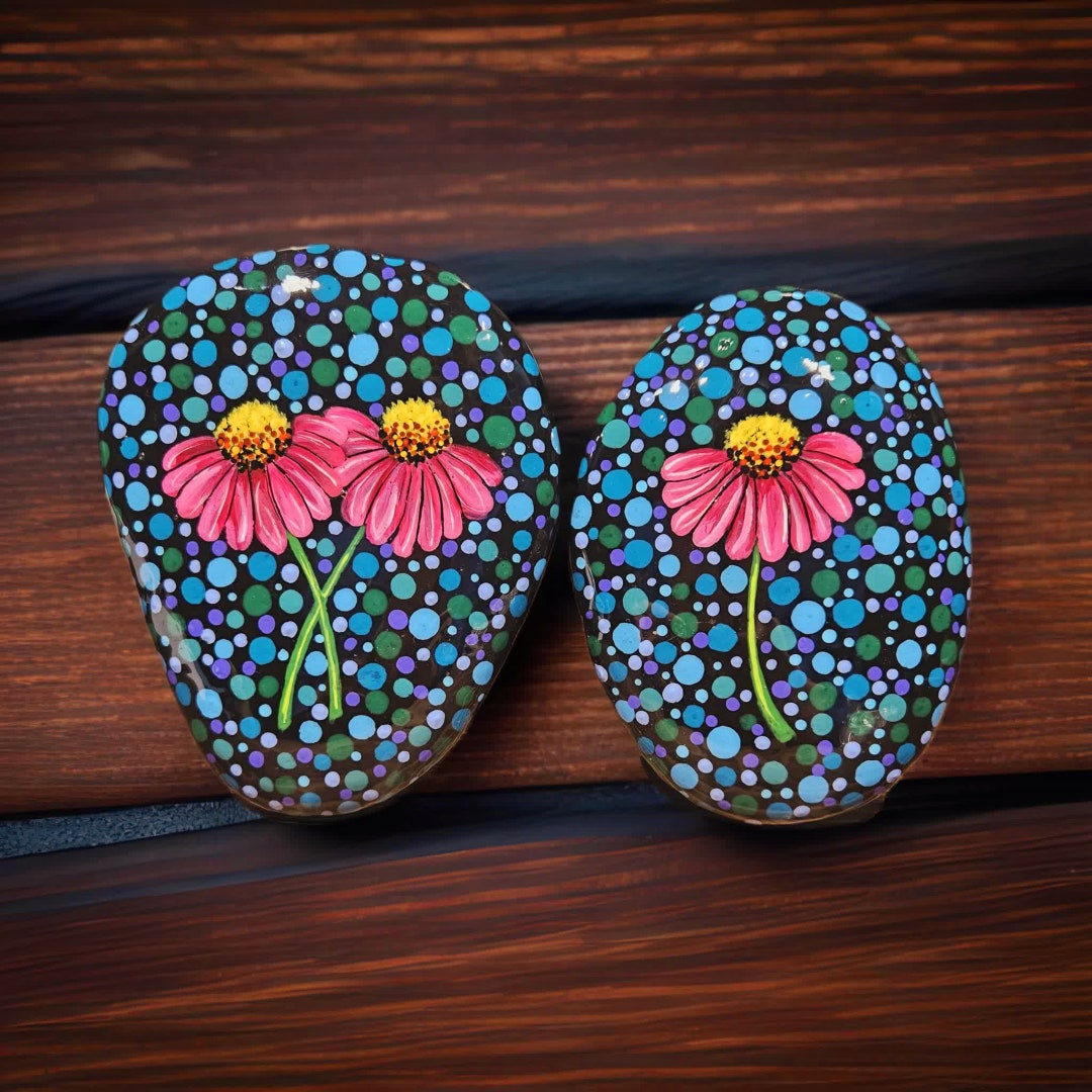 Set of 2 Pink Coneflowers Painted Rocks - Etsy