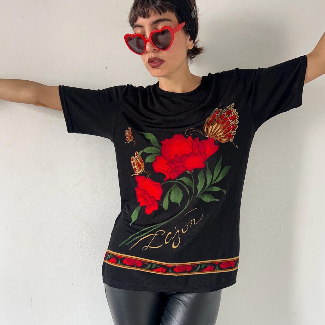 Vintage Roses Butterfly Top, 90s 1990s Boho Kitsch Black Floral Printed ...
