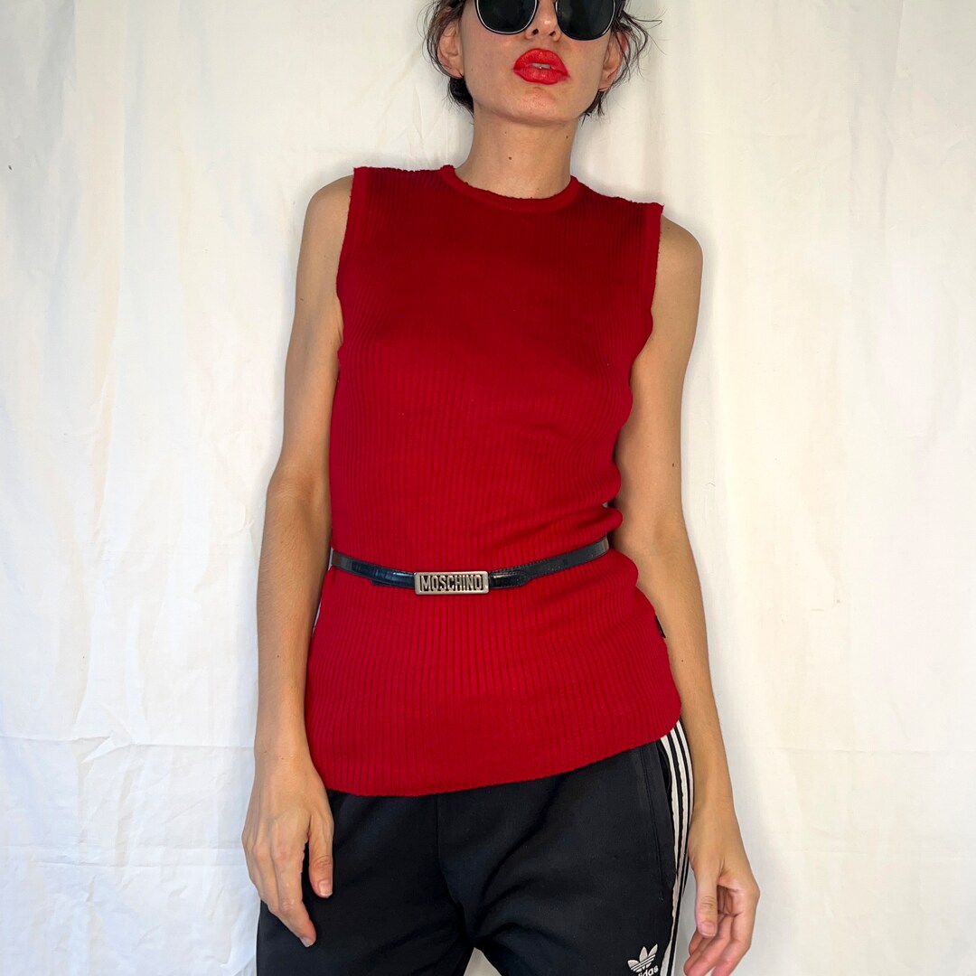 Vintage Minimalist Red Ribbed Top, 90s Cotton Knit Tank Top, Sleeveless ...