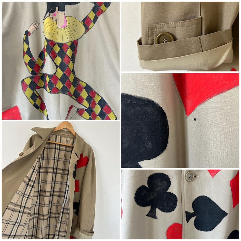 Hand Painted Trench Coat – Card Suits, Harlequin Art, Avant Garde ...