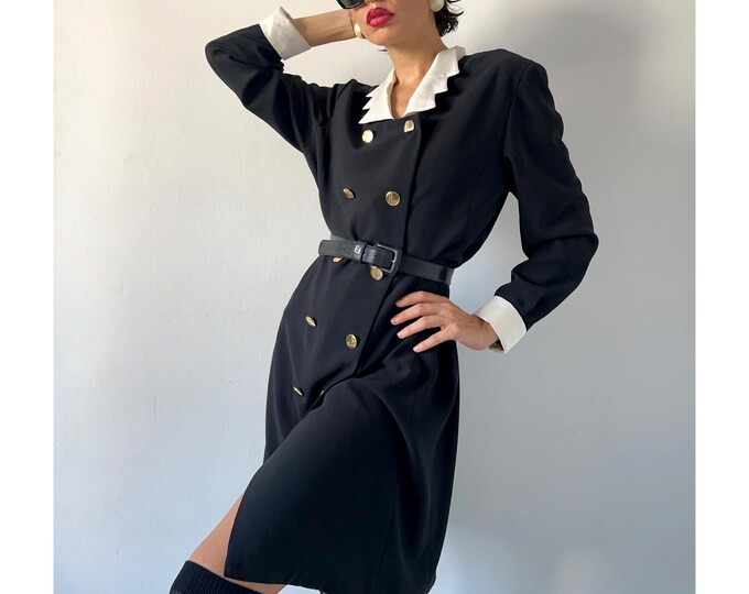 Vintage 80s Black Midi Shirtdress With White Collar and Cuffs, 1980s ...