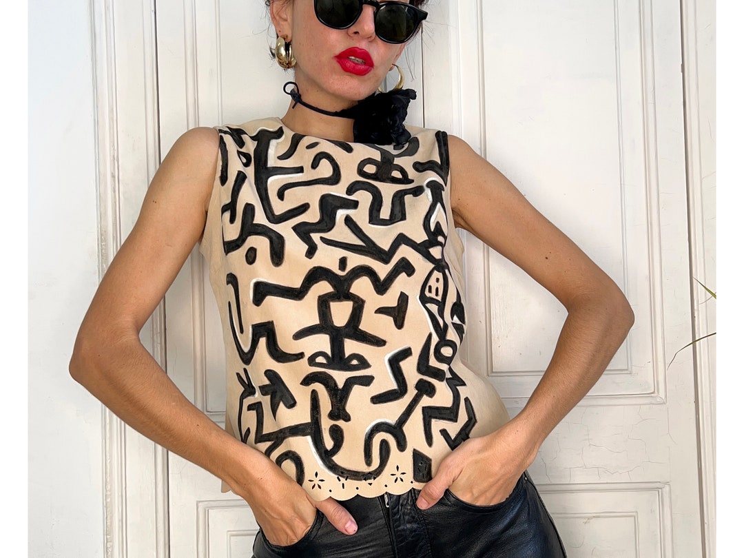 Hand Painted Paul Klee Drawing Tank Top, Abstract Art Faux Suede Beige ...