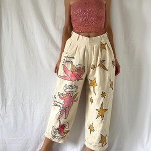 Hand Painted Andy Warhol Angels Linen Pants, Beige High Waisted Pants ...