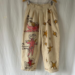 Hand Painted Andy Warhol Angels Linen Pants, Beige High Waisted Pants ...