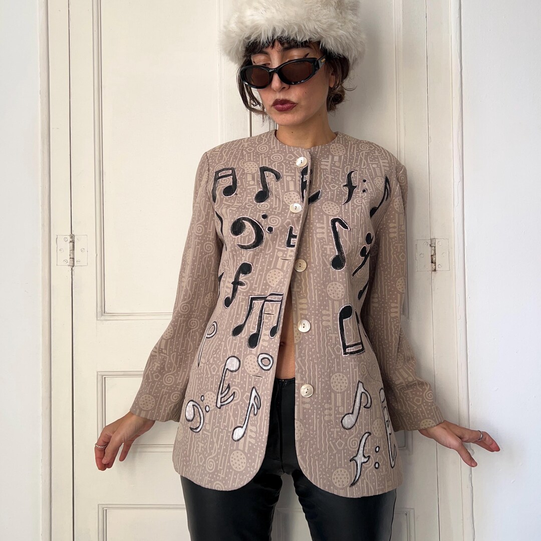 Hand-painted Musical Notes Blazer: Vintage Beige Art-to-wear Jacket ...