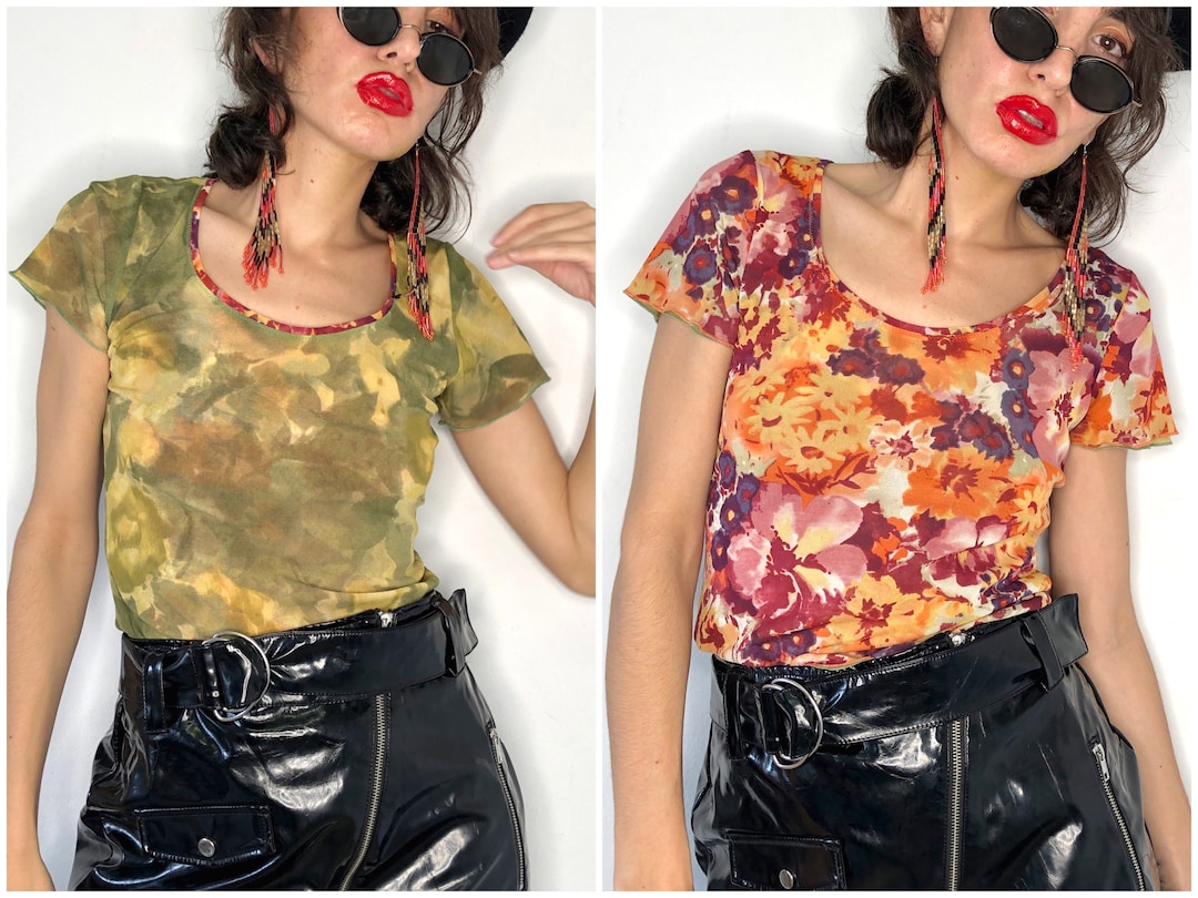 Vintage Mesh Crop Top, Y2K Reversible T-shirt With Camouflage and ...