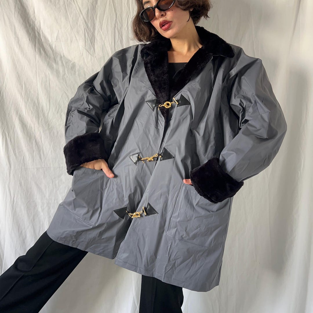 Vintage 90s PVC Raincoat, 1990s Black Faux Fur Collar and Cuffs ...