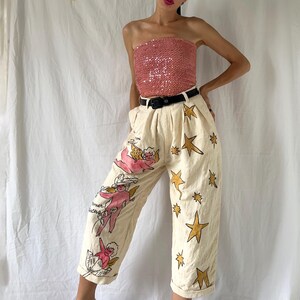 Hand Painted Andy Warhol Angels Linen Pants, Beige High Waisted Pants ...
