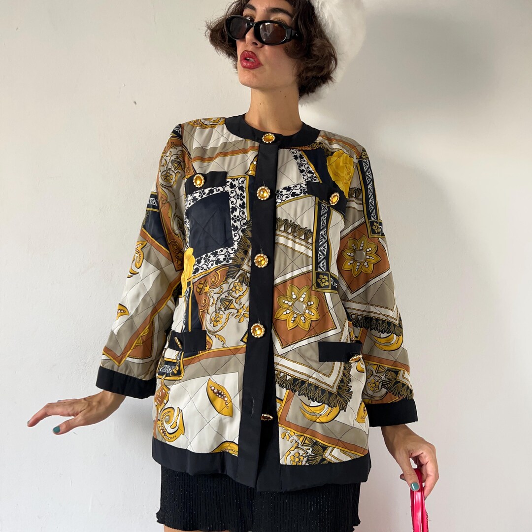 Vintage 90s Scarf Print Quilted Jacket: Buttoned Bomber With Pockets - Etsy