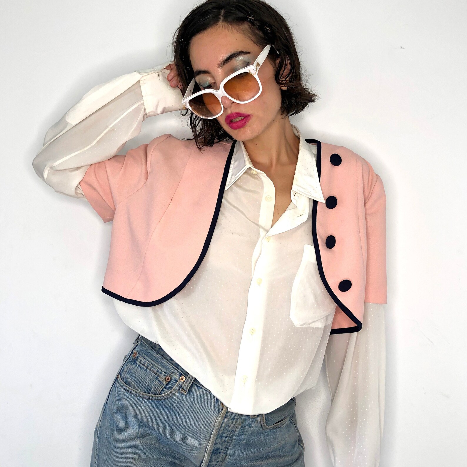 Vintage Cropped Jacket 90s Pink Bolero Jacket Trimmed - Etsy