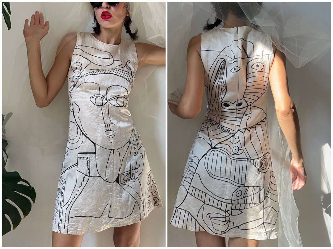 Hand Painted Picasso's Drawing Crinkle Dress, Cubism Art Linen White ...