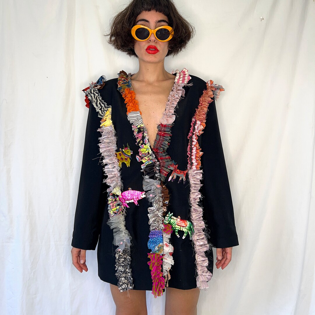 Vintage Reworked Ruffle Blazer, Mexican Ornaments Jacket, Upcycled ...