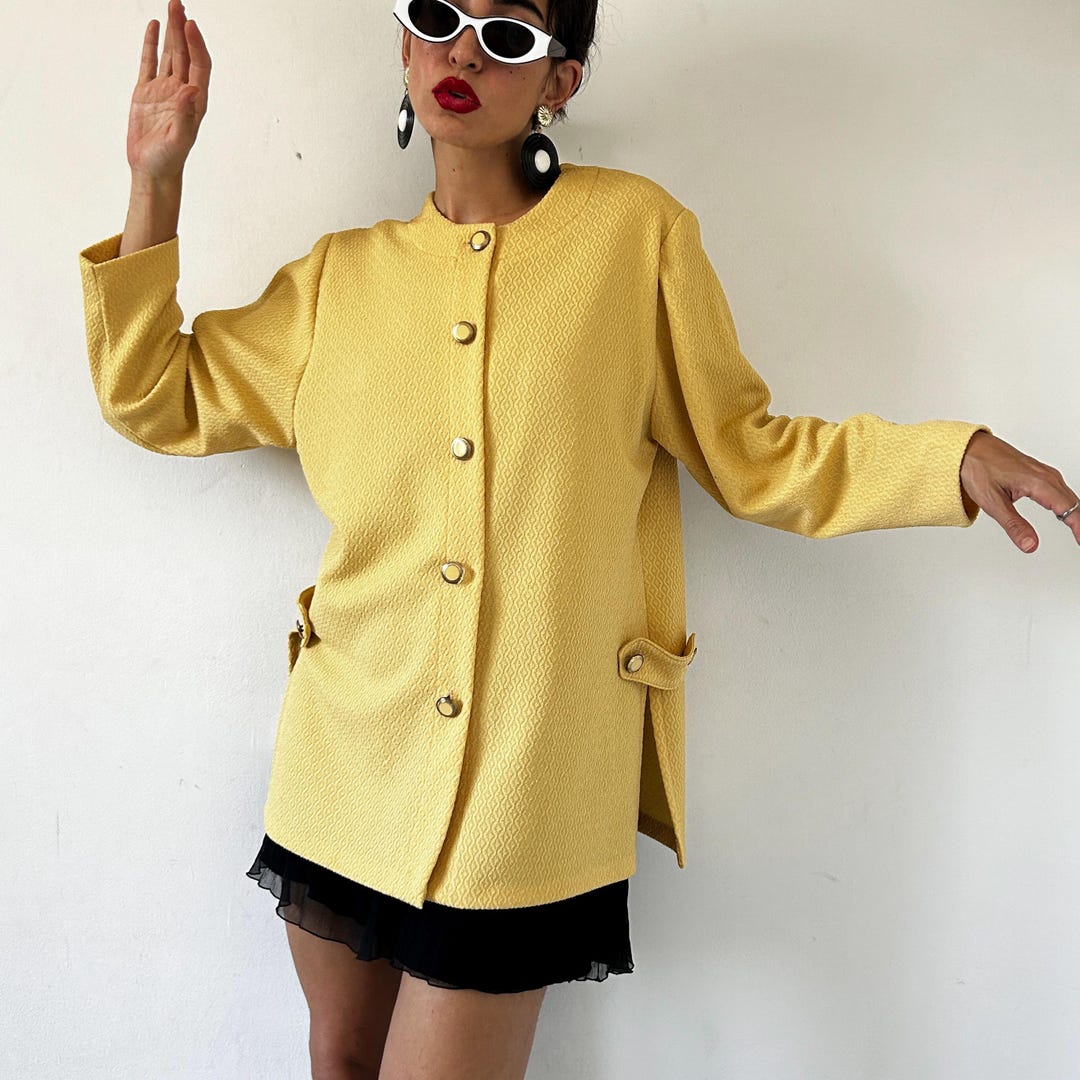 Vintage 90s Butter Yellow Knit Jacket, 1990s Buttoned Textured Woven ...