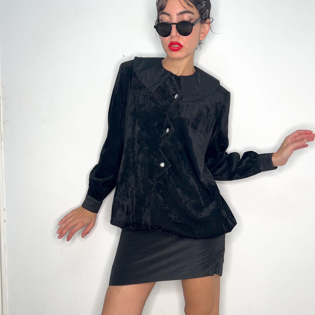 Vintage 80s Black Half Quilted Velvet Shirt Dress, 1980s Chelsea Collar ...