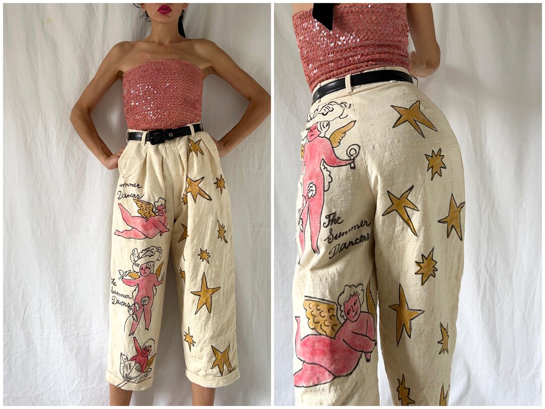 Hand Painted Andy Warhol Angels Linen Pants, Beige High Waisted Pants ...