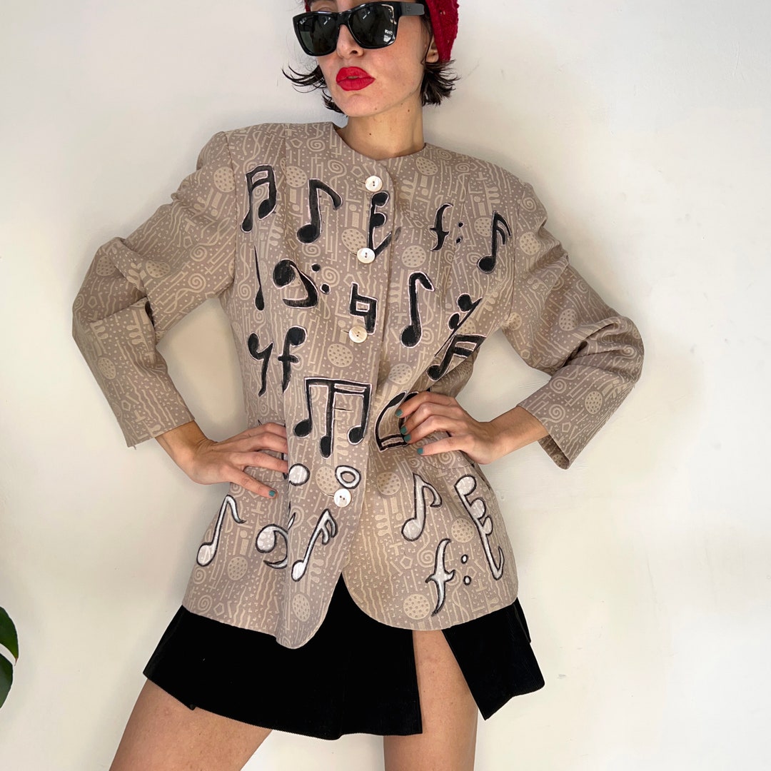 Hand Painted Musical Notes Print Jacket, Reworked Beige Print Jacket ...