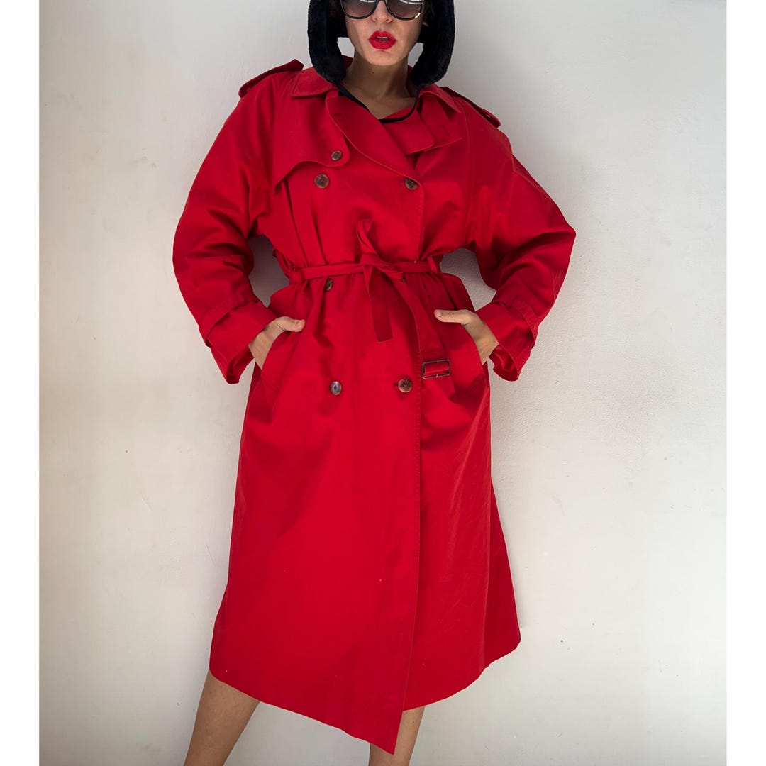 Vintage Red Trench Coat, 90s Double Breasted Fall Style Midi Classic ...