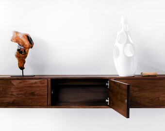 Solid Walnut Floating Media Console / Shelf / Bookshelf / TV Stand With ...